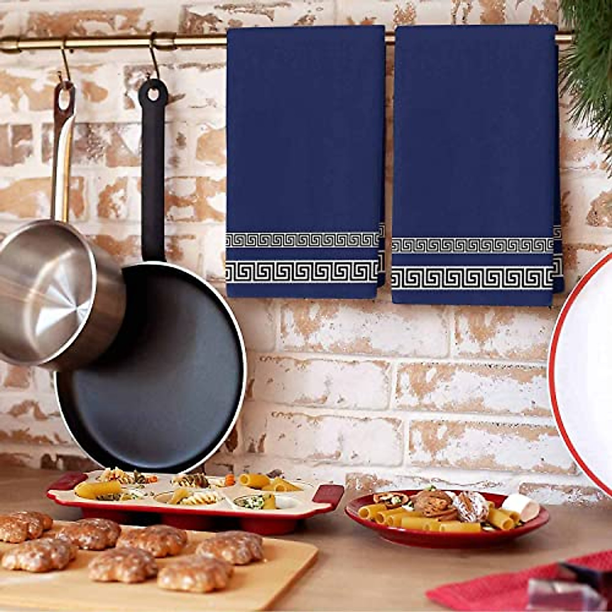 VDLBT Kitchen Towels Geometric Greek Key Dish Cloth Fingertip Bath Towel Navy Blue Hand Drying Soft Tea Towel 18x28in 2PCS