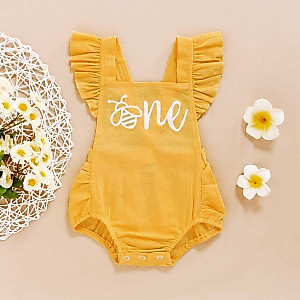 GRNSHTS Baby Girls First Birthday Outfits Ruffle Honey Bee Romper Backless Bodysuit Cake Smash Outfits (Yellow, 12-18 Months)