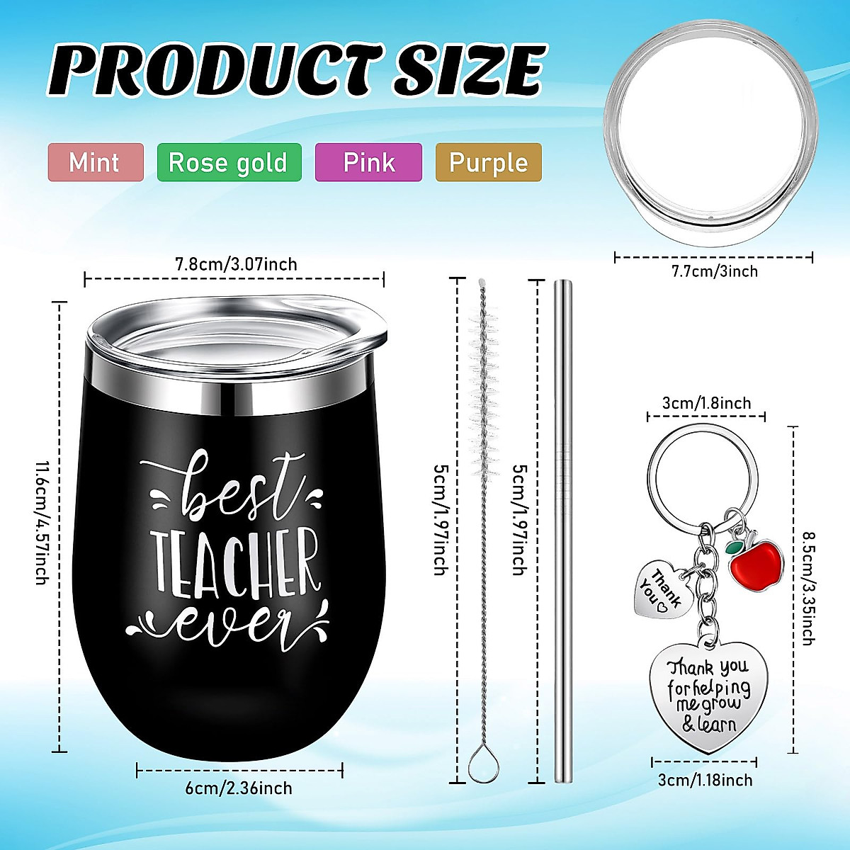 Didaey 24 Pcs Teacher Appreciation Gift Sets 12 Oz Teacher Wine Tumbler for Women Thank You Birthday Graduation Gifts 12 Best Ever Cup and 12 Keychain(Black)