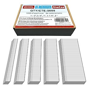 SimCos 5000 pcs 18 Gauge Brad Nails (1/2",3/4",1",1-1/4",2") Galvanized 18 GA Nail Gun Nails Assorted and Small Finishing Nails for Pneumatic, Electric Brad Nailer (package may be changed)