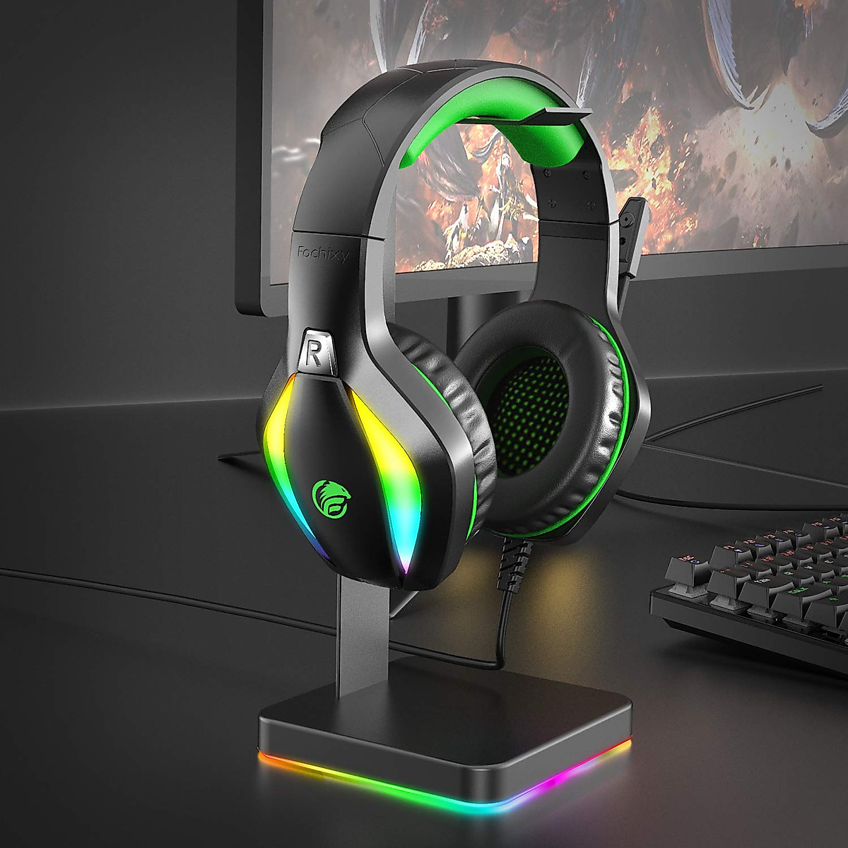Fachixy FC100 Gaming Headset for PS4/PS5/PC/Xbox/Nintendo Switch, Xbox Headset with RGB Light, PS5 Headset with Mic (Green)