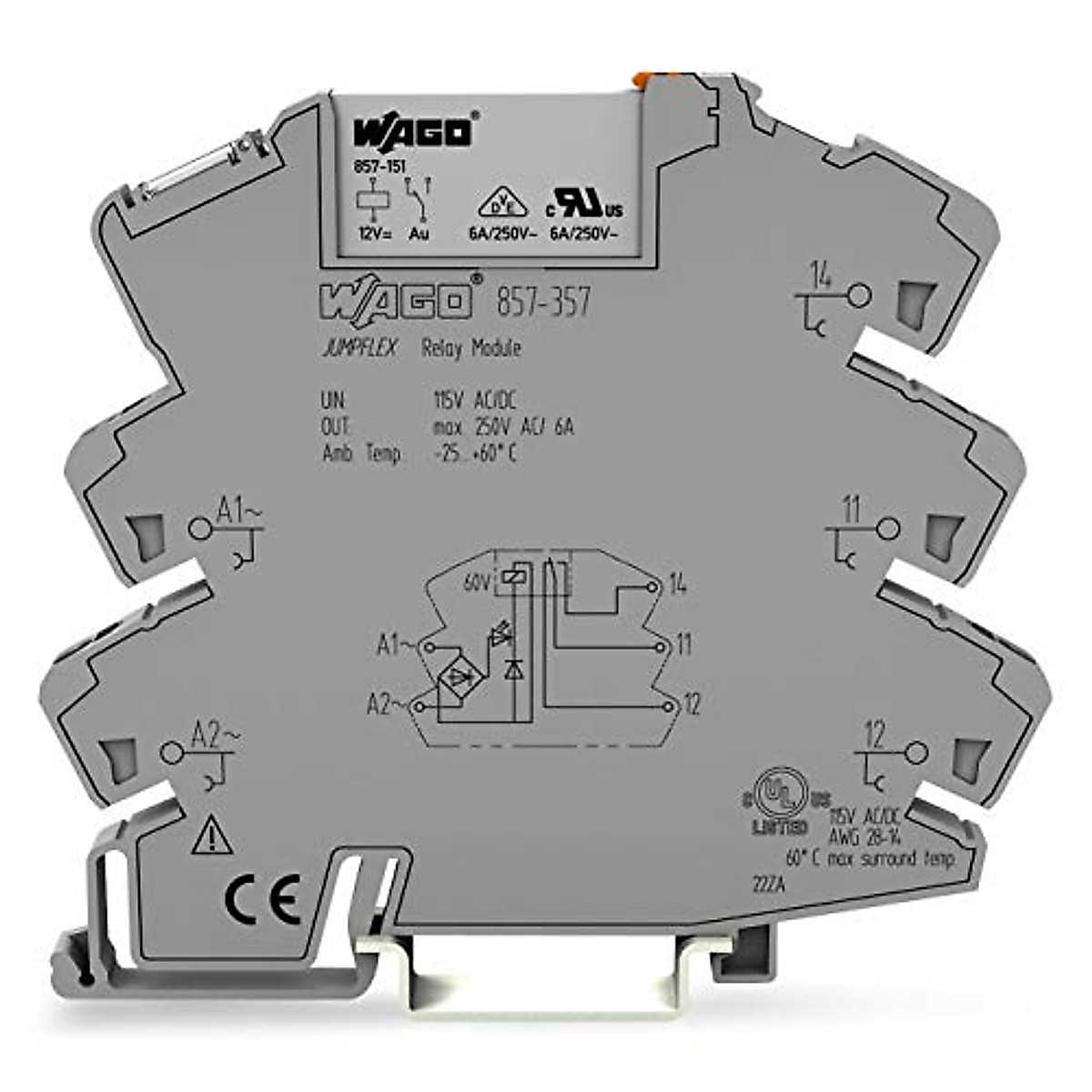 WAGO 857-357 LIMITING Continuous Current: 6 A, Module Width: 6 MM, 1 Changeover Contact, Gray, Nominal Input Voltage: 115 V AC/DC, Relay Module, Yellow Status Indicator, 2;50 MM