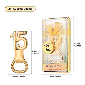 24Pcs Golden 15 Bottle Openers for 15th Birthday Party Favors Rhinestones Decorations for Wedding Anniversary Gifst Souvenrs or Keepsaks for Guests