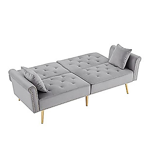 Kakotito Tufted Velvet Sofa Bed Sleeper with 2 Pillows, Luxury Loveseat Couch, Splitback Futon for Living Room & Office, Convertible Futon with Vintage Nailhead Trim and Metal Legs (Gray)