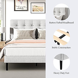UNIZONE Queen Size Bed Frame with Button Tufted Upholstered Headboard, Linen Platform Bed with Wood Slats Support, Mattress Foundation, No Box Spring Needed, Easy Assembly, Light Grey