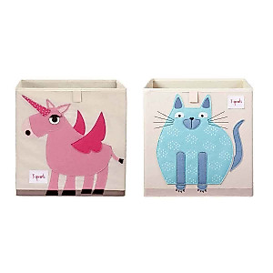 3 Sprouts Large 13 Inch Square Children's Foldable Fabric Storage Cube Organizer Box Toy Bin, Unicorn and Cat (2 Pack)
