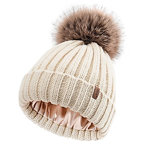 FURTALK Toddler Beanie Satin Lined Baby Boys Girls Winter Hats Pom Pom Beanies for Kids Beige