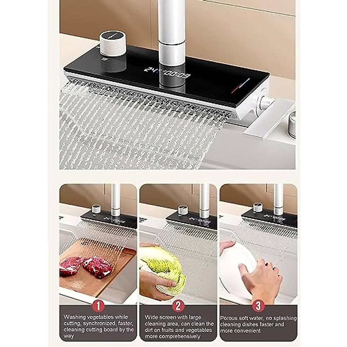 Kitchen sink, 304nm stainless steel household sink under the counter, white digital display flying rain waterfall large single sink, pull out hot and cold water faucet ( Color :White2, Size : 68*45*22