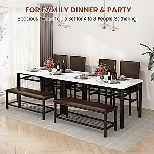 AWQM Dining Table Set for 4 with Bench and Chairs,Faux Mable Small Kitchen Table and Chairs for 4 w/Storage Rack, Dining Room Table Set for Small Spaces, Apartment,White+Brown