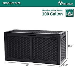 YITAHOME 100 Gallon Large Deck Box w/Storage Net, Resin Outdoor Storage Boxes, Waterproof Patio Cushion Storage Bench for Patio Furniture, Pool Supplies, Garden Tools- Rattan,Lockable (Black)