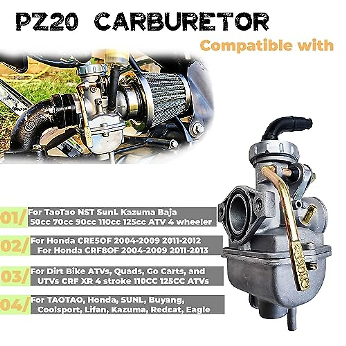 Pz20 Carburetor Fit Tao Tao 50cc 110cc 125cc Atv Coolster Nst Sunl Chinese Quad 4 Stroke Wheeler Parts Engine Carb For Honda Kazuma Dirt Baja Mini Kart Pit Scooter (PZ20 Carburetor)