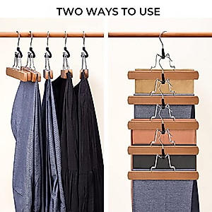 JS HANGER Wood Pants Hangers, 12 Pack Non Slip Wood Skirt Hangers, Smooth Finish Wood Jeans/Slack Hanger with 360° Swivel Hook, Natural Finish