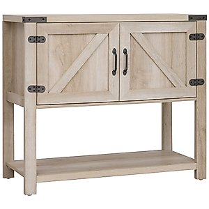 HOMCOM Farmhouse Double Door Coffee Bar Cabinet, Sideboard Buffet Cabinet, Kitchen Cabinet with Bottom Shelf for Entryway, Living Room, Oak