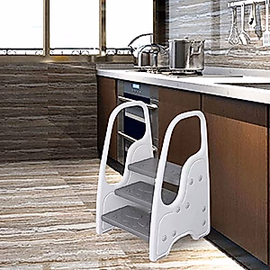 Toddler 3 Step Stool Standing Tower for Kids Plastic Learning Helper Stool for Kitchen Counter Book Shelf Bathroom Sink Toilet Potty Training with Handles(Gray)