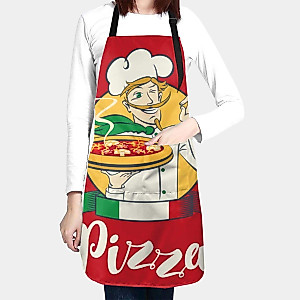 Abucaky Cartoon Pizza Chef Funny Waterproof Apron for Adults Chef Bib With Roomy Pocket for Kitchen BBQ Crafting Drawing
