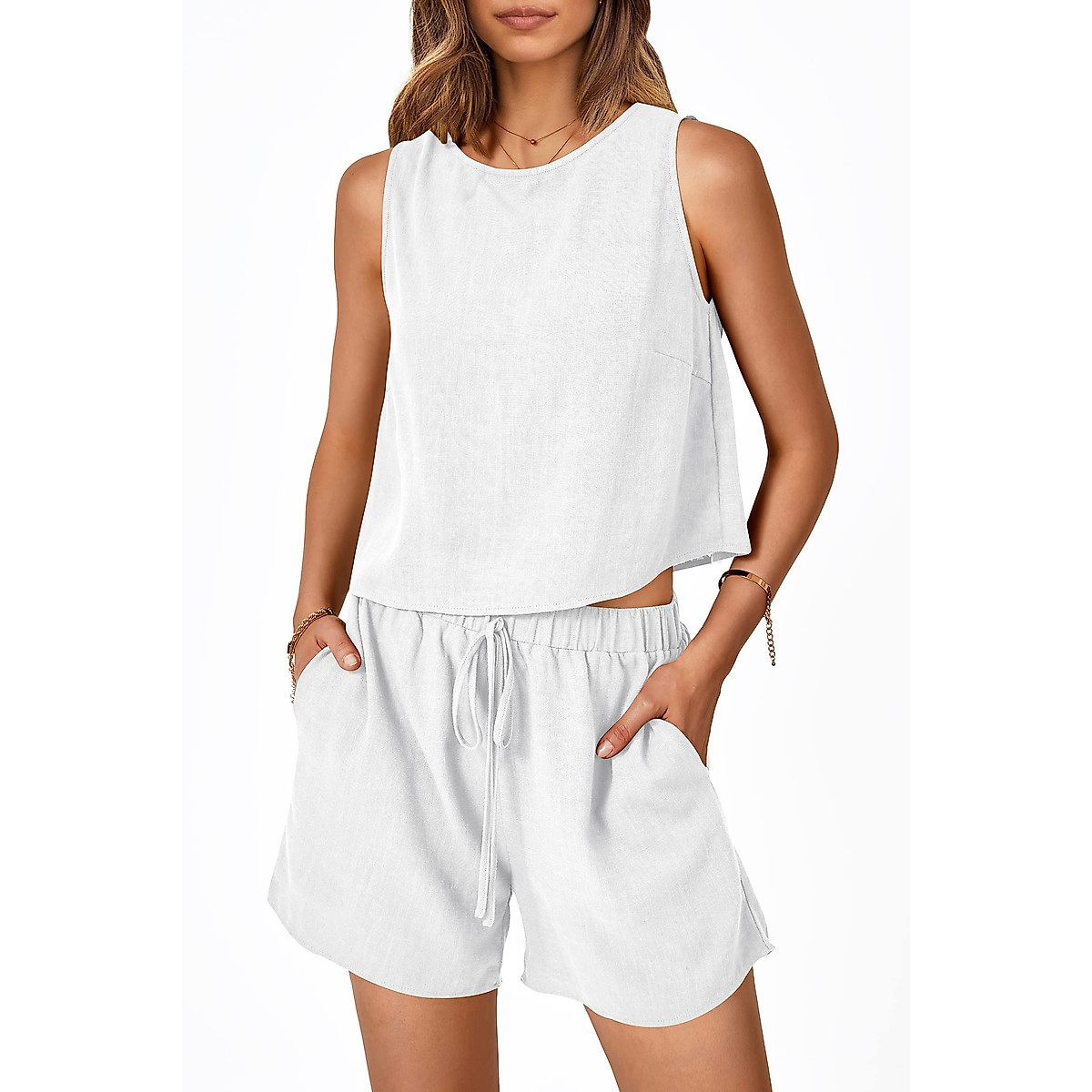 PRETTYGARDEN Women's 2024 Summer 2 Piece Outfits Casual Button Back Crop Tank Tops and High Waist Shorts Set (White,Medium)