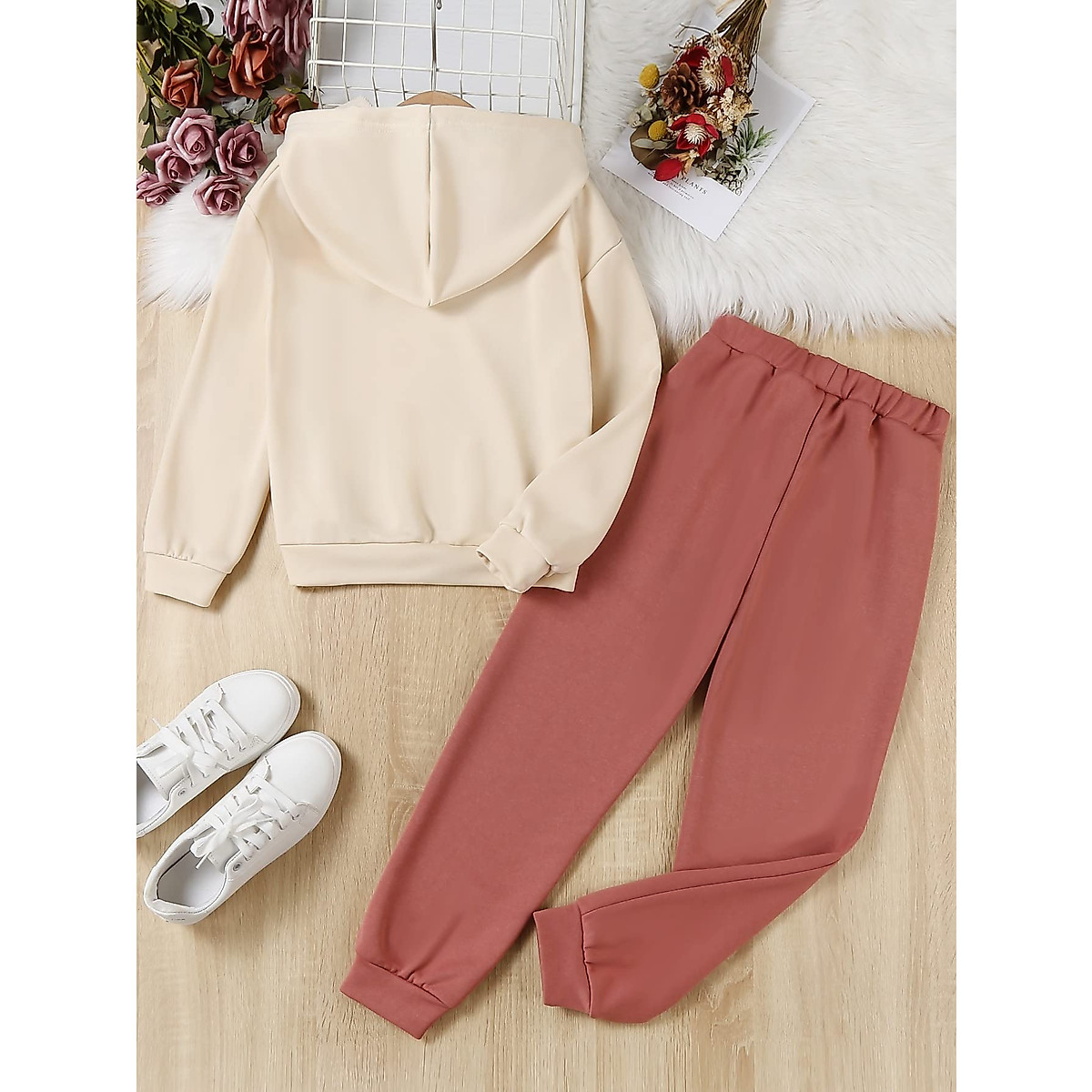 SOLY HUX Girl's Letter Print Drop Shoulder Hoodie Sweatshirt and Jogger Sweatpants 2 Piece Outfit Beige and Pink 10Y