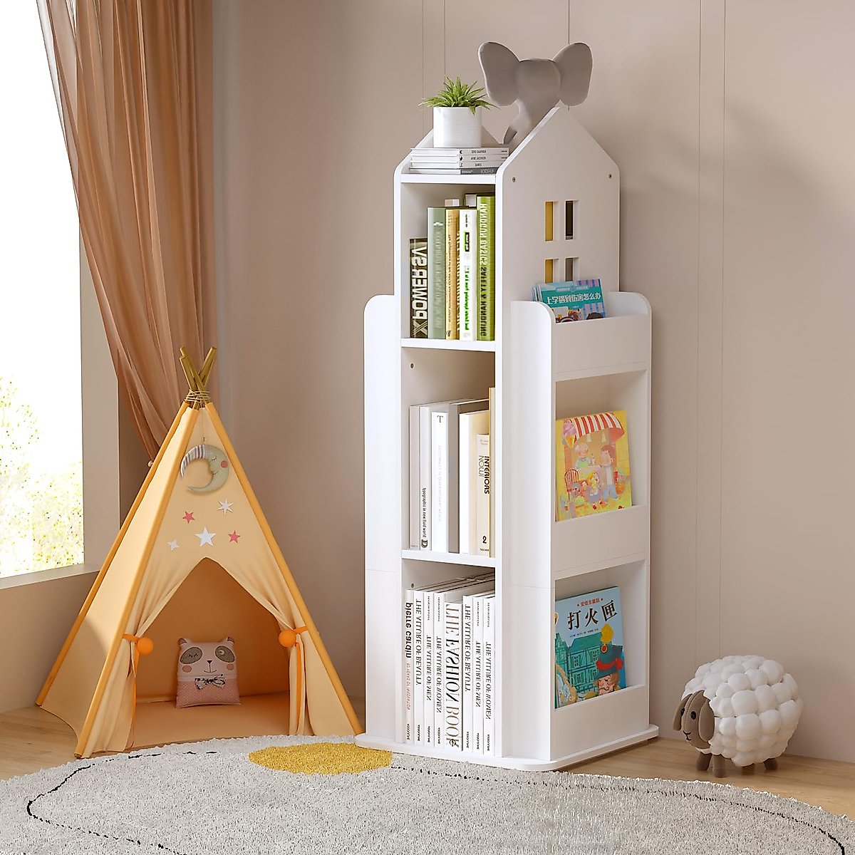 Nisorpa Rotating Bookshelf 360° Display Floor Standing Bookcase Freestanding Storage Organizer Holder Book Rack for Kids Multi-Functional Bookshelf Organizer 37.4'' x 13.38'' x 13.38''