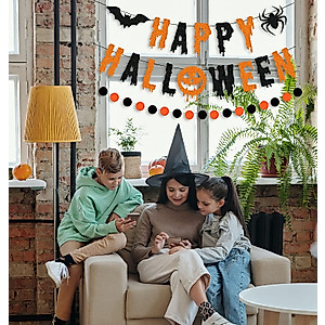 CAVLA Glitter Happy Halloween Banner and Circle Dots Garland Black Orange Glittery Halloween Garland Banner with Bat and Spider Signs Halloween Haunted Houses Wall Fireplace Party Decorations Supplies