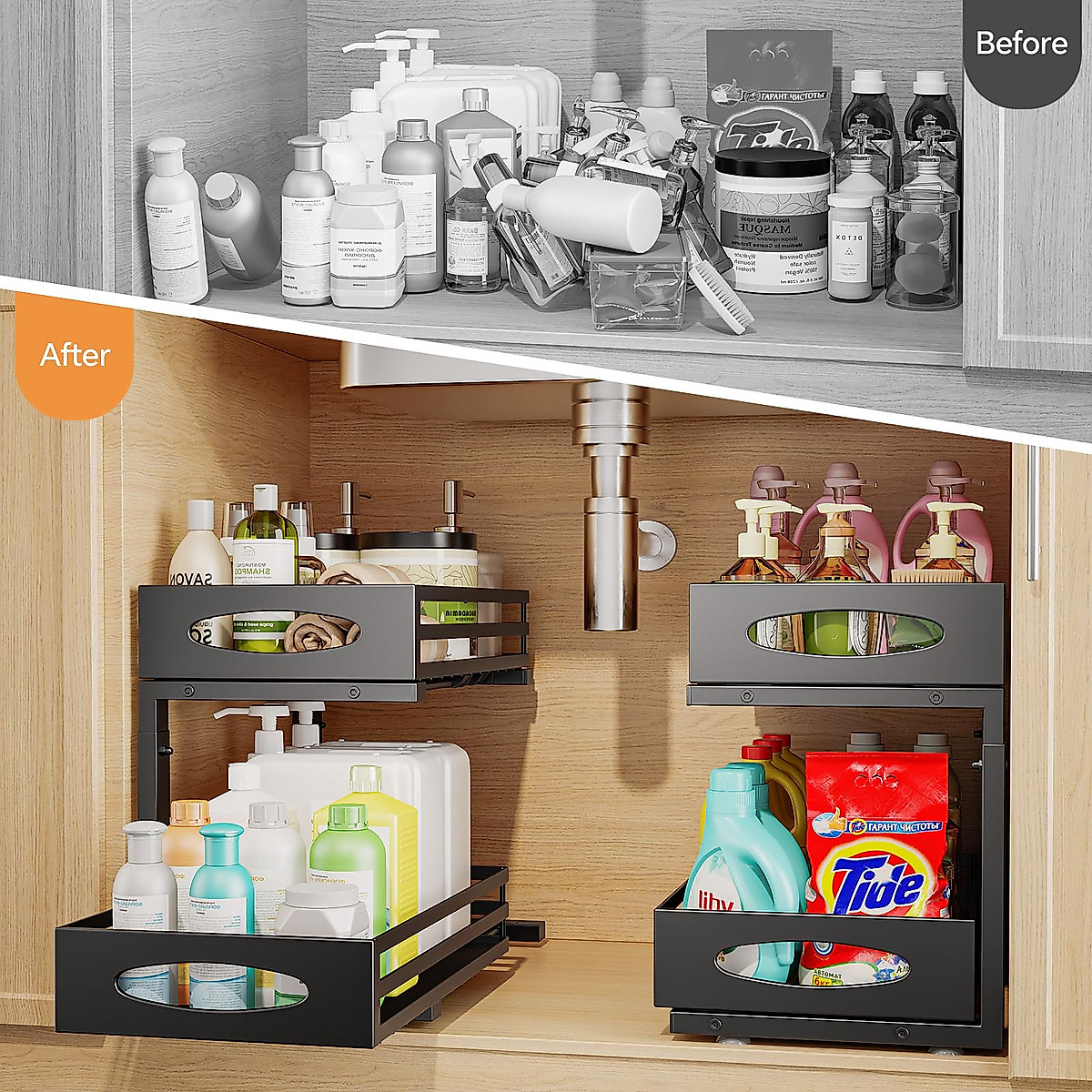 mixeshop Under Sink Organizer, 2 Pack Pull Out Cabinet Organizers, Slide Sink Steel Shelf Cabinet Storage Shelves, Under Sink Storage for Kitchen Bathroom Cabinet, Black