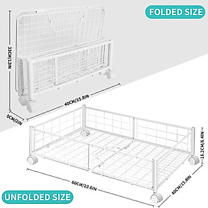 Under Bed Storage with Wheels, Under Bed Storage Containers Metal Foldable Space-Saving Under Bed Drawer Shoe Storage Bins Organizer on Wheels for Clothes Books (2 Packs White)