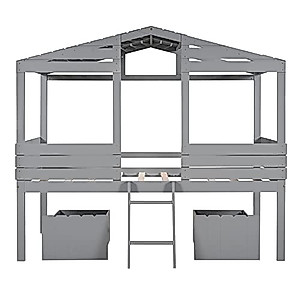 Merax Twin Kids Wood Low Loft House Bed with Drawers and Ladder Loft Bunk Bed for Juniors,Boys, Girls,No Box Spring Needed, Gray