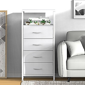 Dresser with 4 Drawers, Fabric Storage Tower for Bedroom, White Clothes Storage Drawers, Vertical Closet Organizer for Kids Room, Entryway, Nightstand Bedside Table, Sturdy Steel Frame & Wooden Top