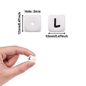 Crafans 100Pcs 12mm Silicone Cube Letter Beads White English Alphabet Letter L Vowel Loose Spacer Beads Initial Cube Dice Beads for Jewelry Making