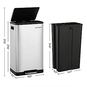 SONGMICS Trash Can, 12-Gallon Pedal Garbage Can, Stainless Steel Step Bin, Plastic Inner Bucket and Lid, Soft Closure, Fingerprint Proof, for Kitchen, Living Room, Silver ULTB007E01