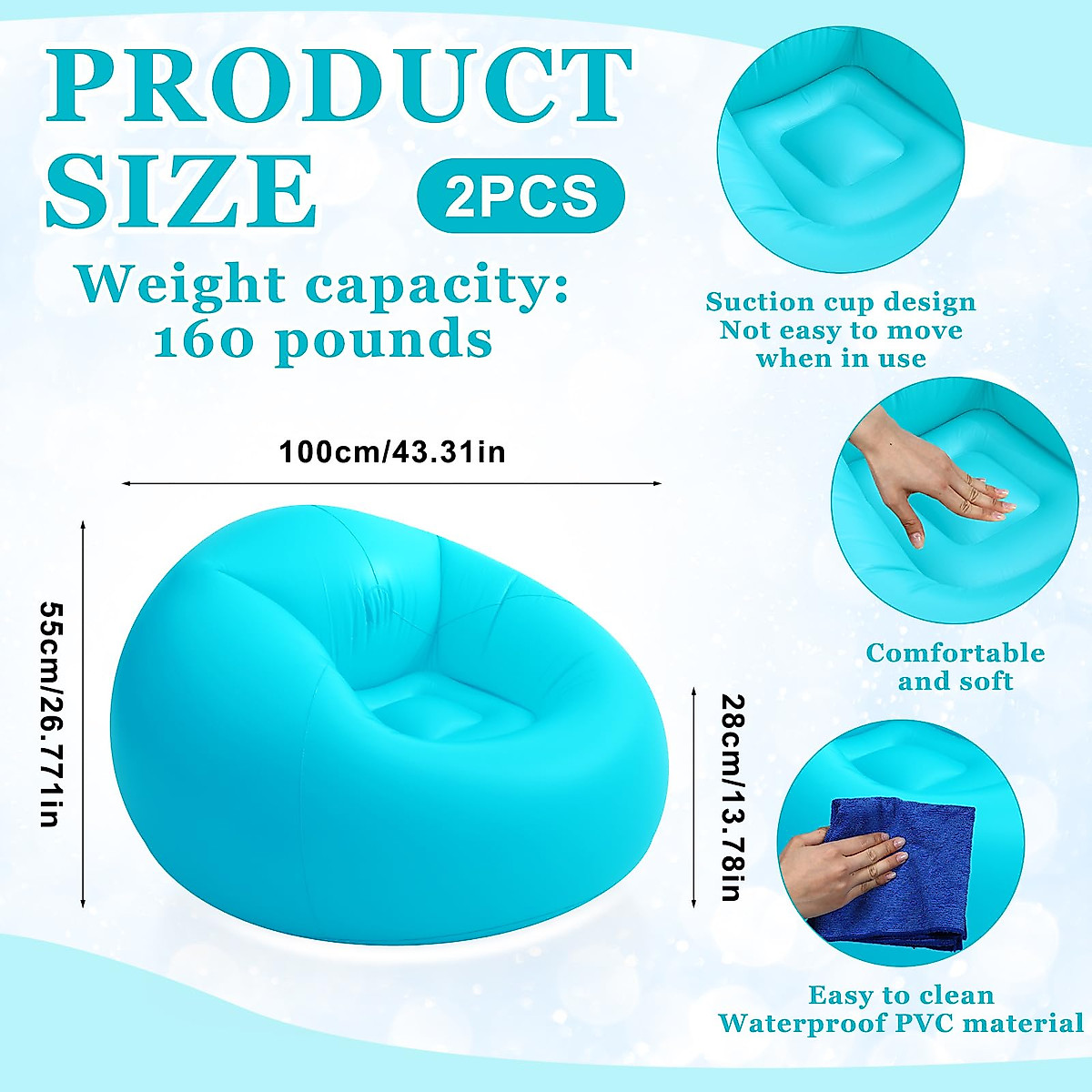 Realspring Inflatable Bean Bag Chair for Adult Bean Bag Sofa Chair Blow up Inflatable Furniture for Outdoor Living Room Bedroom Balcony Travel Party Gift Accessories(Lake Blue,2 Pcs)