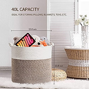 NamRamo Blanket Basket Living Room 15.8" x 15.8" x 13.8", Large Basket Baby Toy Basket, Cotton Rope Laundry Basket with Handle, Rope Basket, Woven Storage Basket, White & Brown Hamper
