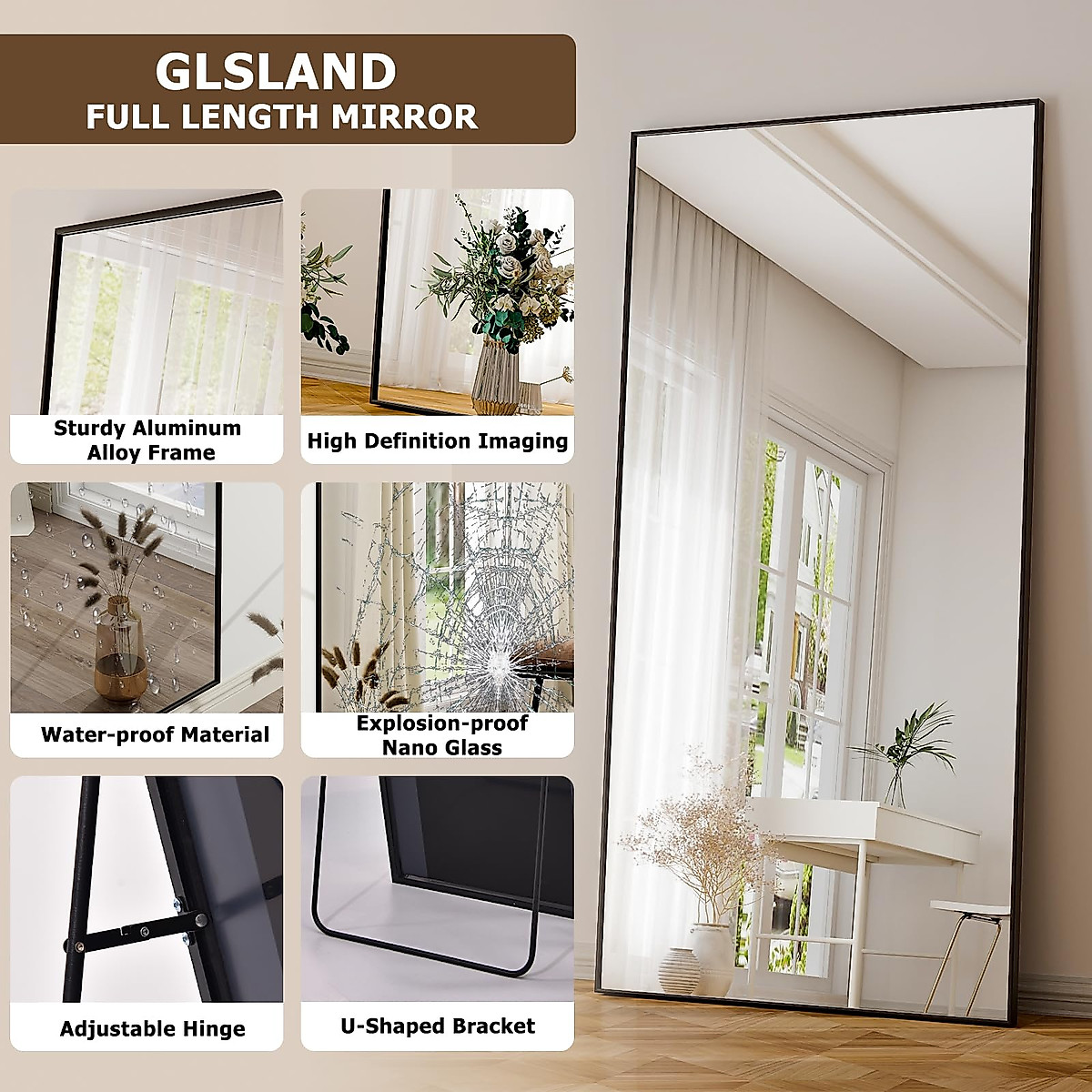GLSLAND 76"x34" Full Length Mirror Extra Large Hanging or Leaning Rectangle Mirror Aluminum Alloy Thin Frame Bedroom Floor Dressing,Black