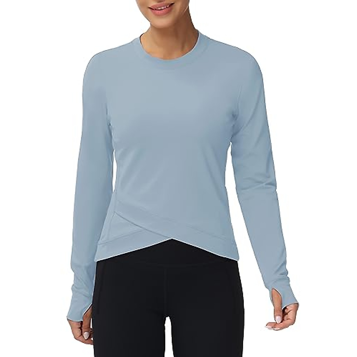 Women's Long Sleeve Compression Shirts Workout Tops Cross Hem Athletic Running Yoga T-Shirts with Thumb Hole Denim Blue