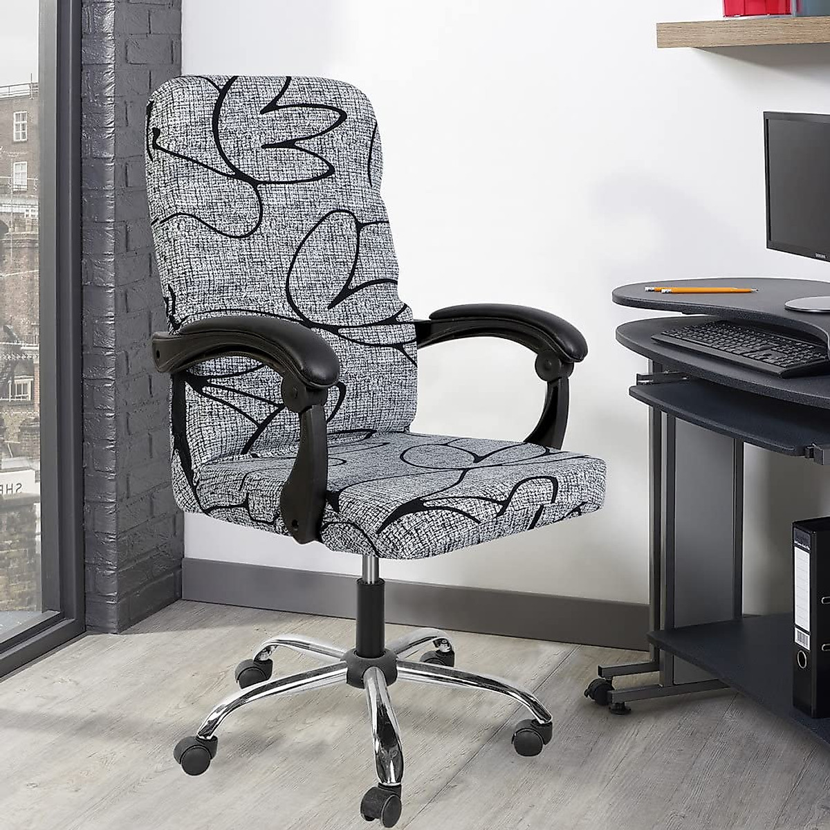 SearchI Office Chair Cover with Durable Zipper, Printed Washable Stretchable Desk Chair Cover, High Back Computer Chair Cover, Office Chair Seat Slipcover (Grey Pattern, Medium)