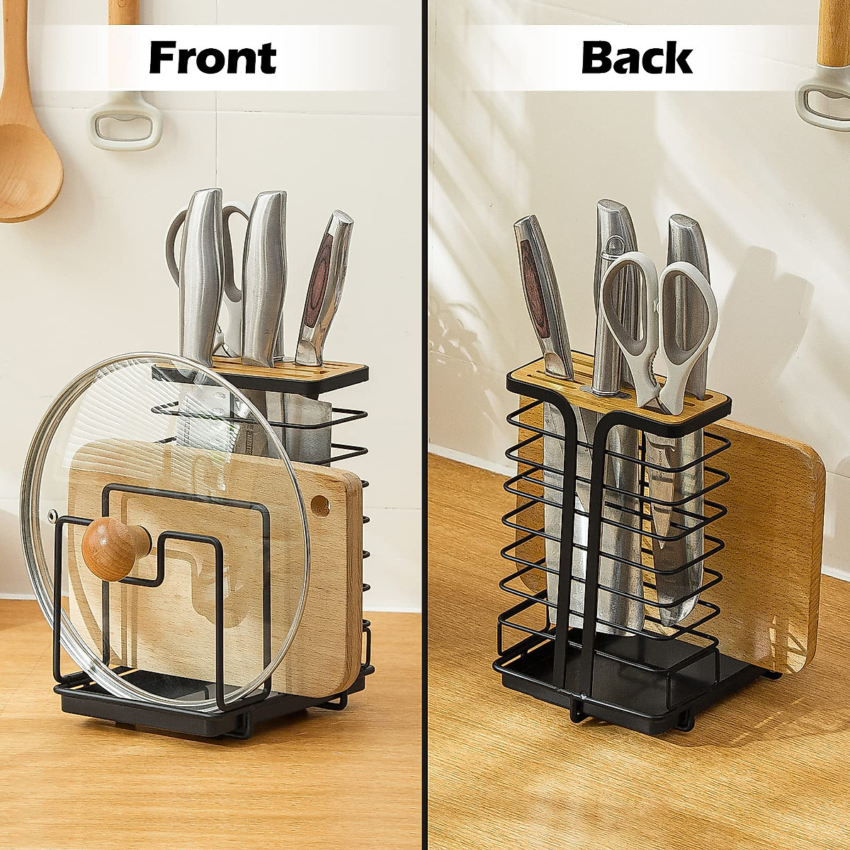 Poeland Cutting Boards Knife Organizer, 3 in 1 Kitchen Organizer Rack, Kitchen Utensils Rack Chopping Boards/Knives/Pot Pan Lid Storage with Drip Tray, Black