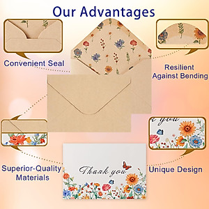 Runyanofamily 10PCS Wildflower Design Thank You Cards with Kraft Envelopes - Perfect for Wedding, Baby Shower, Bridal Shower and Graduation