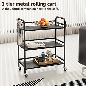 HDANI 3 Tier Metal Rolling Utility Cart,High Capacity Multi Purpose Heavy Duty Cart,for Office,Kitchen,Living Room,Bedroom,Etc.(Black)