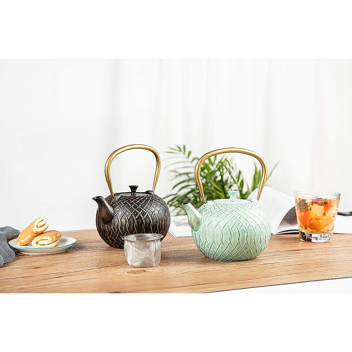 Tea Kettle, Toptier Japanese Cast Iron Tea Kettle for Stove Top, Stovetop Safe Teapot with Infusers for Loose Tea, 34 Ounce (1000 ml), Turquoise Melody