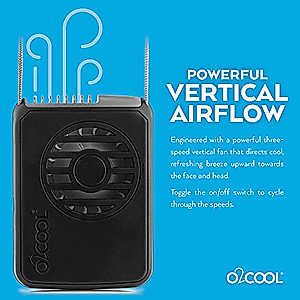 O2COOL Rechargeable Necklace Fan - Portable Hanging Neck Fan with Adjustable Lanyard - 3 Speed Vertical Air Flow – Micro USB Charging Cable Included (Black)