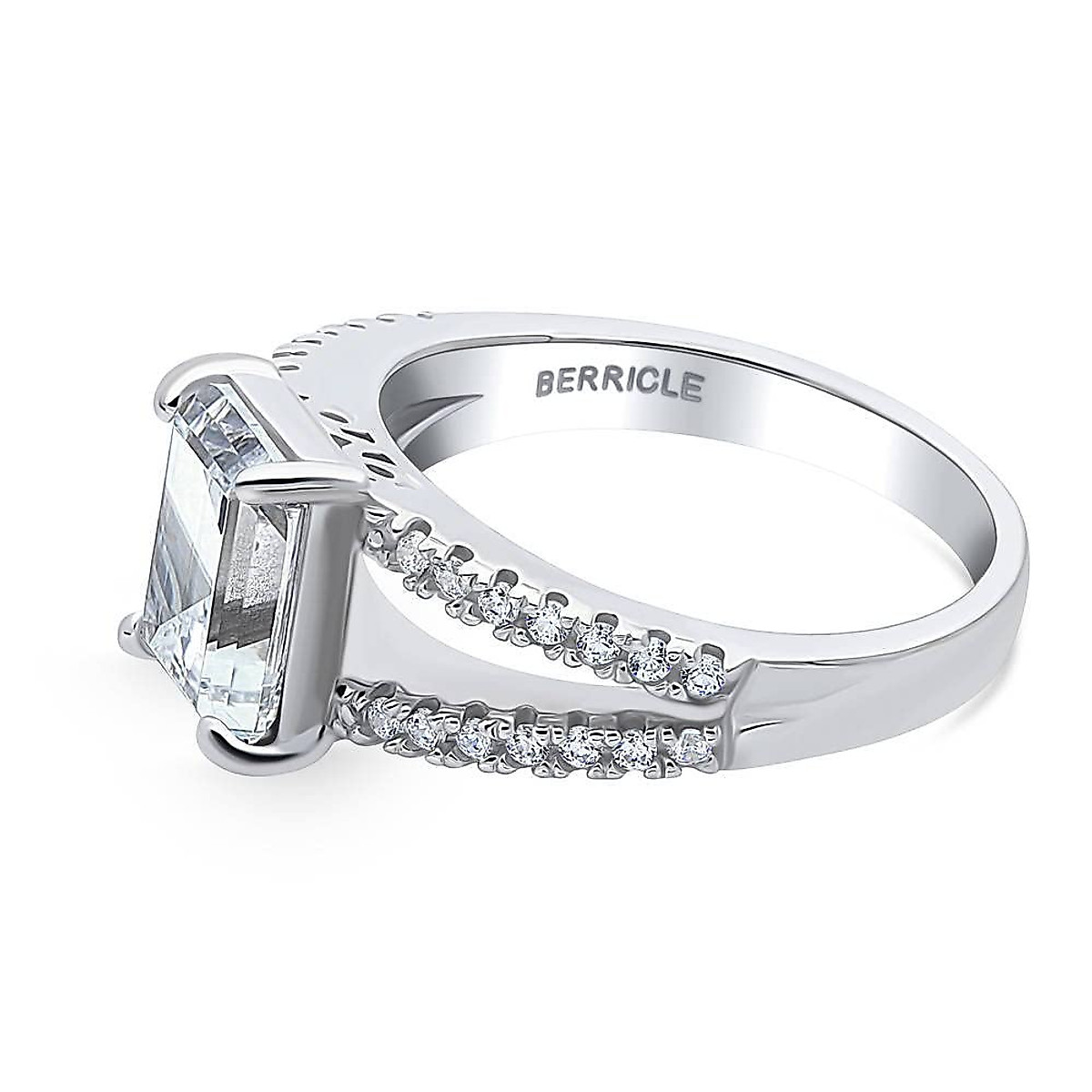 BERRICLE Sterling Silver Solitaire Wedding Engagement Rings 2.6 Carat Emerald Cut Cubic Zirconia CZ Cocktail Promise Split Shank Ring for Women, Rhodium Plated Size 7