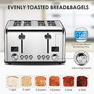 REDMOND 4 Slice Toaster, Countdown Stainless Steel Toaster with Bagel, Defrost, Cancel Function, Extra Wide Slots, 6 Bread Shade Settings, 1650W, ST030
