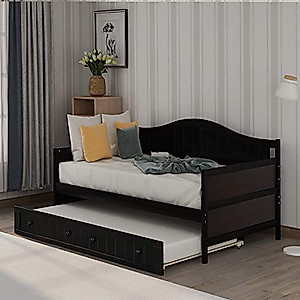 Merax Classic Wood Daybed with Trundle Twin to King Day Bed Frame No Box Spring Needed