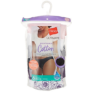 Hanes Ultimate womens 6-pack Breathable Cotton Panty Bikini Style Underwear, Sugar Flower Pink, White, Concrete Pe Heather, Black, Purple Vista Heather, Purple Vista Floral Prin, 6 US