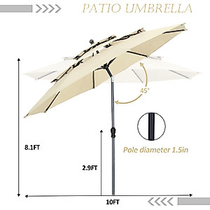 PUPZO 10ft Patio Umbrella 3 Tiers Outdoor Table Umbrella Market Umbrella with Tilt Adjustment and 8 Sturdy Ribs Umbrella for Garden, Backyard, Pool, Beach (Khaki)