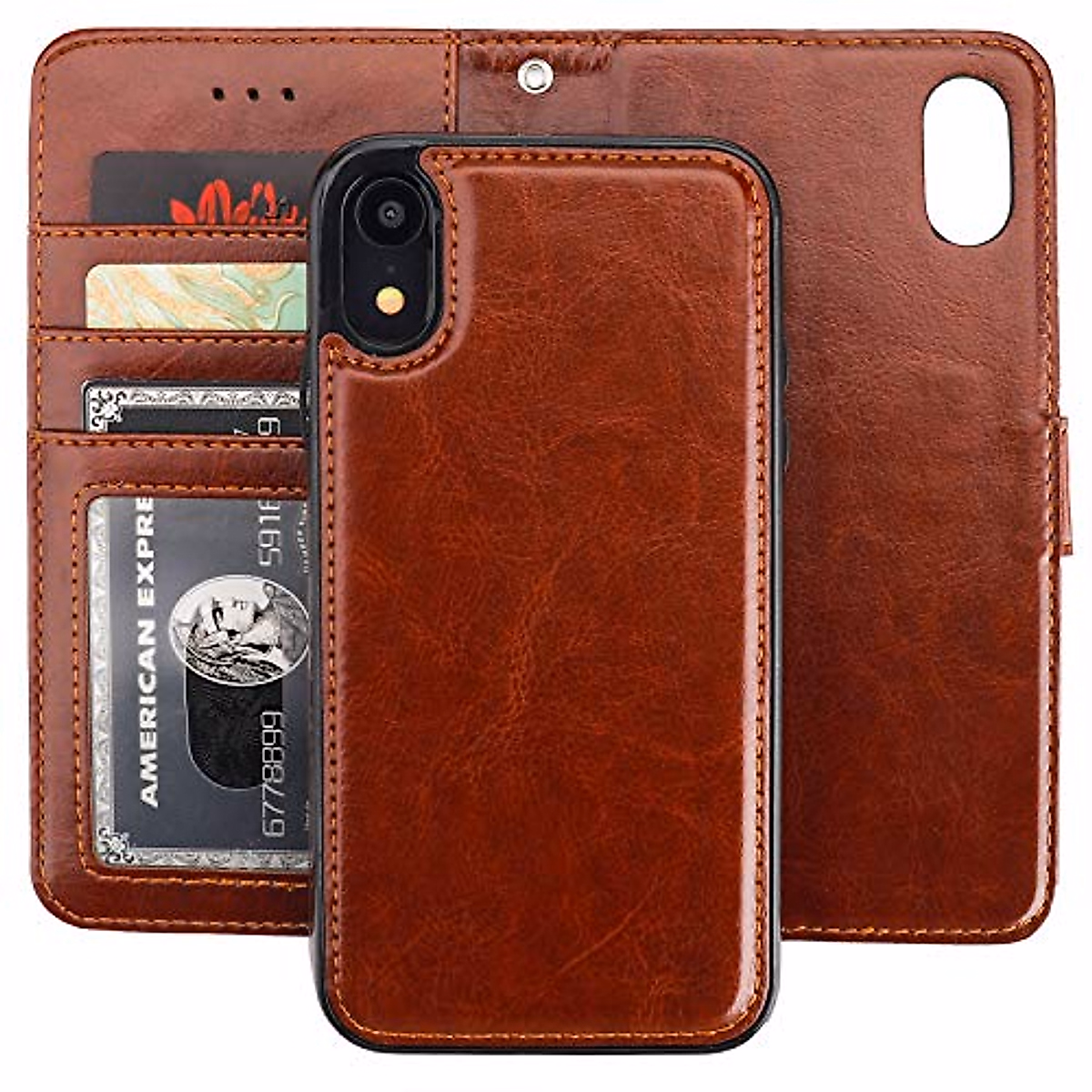 Bocasal iPhone Xr Wallet Case with Card Holder PU Leather Magnetic Detachable Kickstand Shockproof Wrist Strap Removable Flip Cover for iPhone Xr 6.1 inch (Brown)