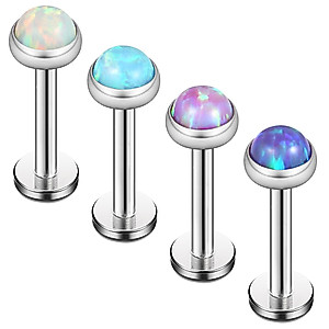 Ruifan 4mm Opal Jeweled Internally Threaded Stainless Steel Labret Monroe Lip Ring Tragus Helix Earring Stud 16G 5/16" 8mm 4PCS