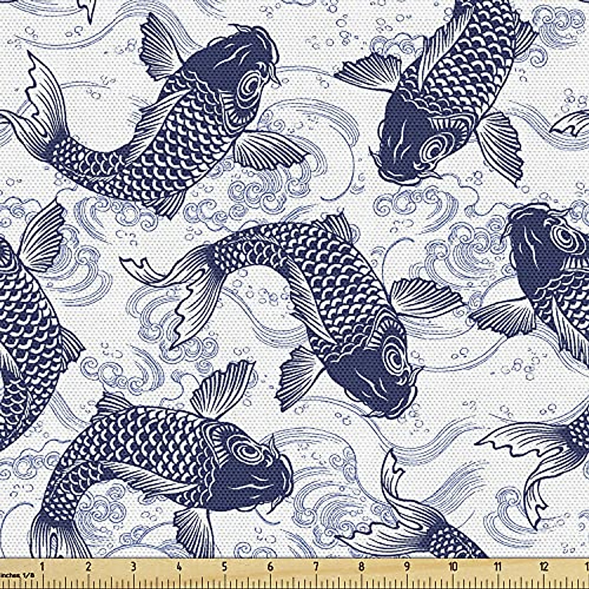 Ambesonne Fish Fabric Material by the Yard, Japanese Carp Koi Waves Patterned Background Ancestral Animals Culture, Decorative Cloth for Furnishing Sofa Upholstery and Home Accents, 1 Yard, White Blue