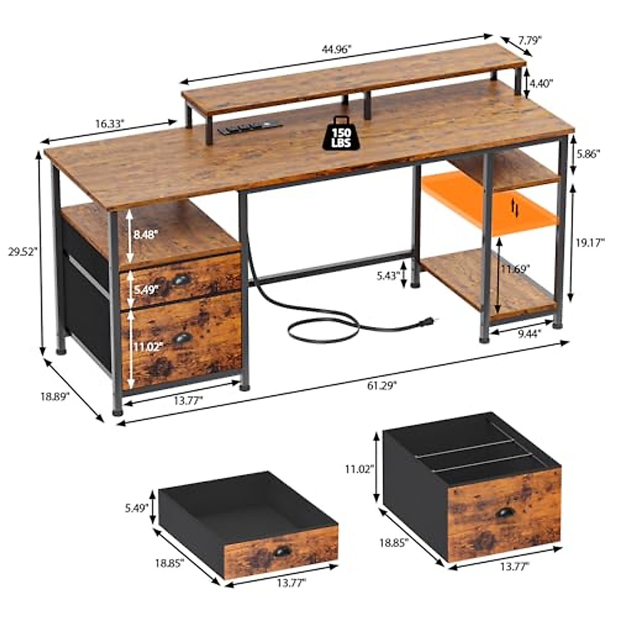 Furologee 61" Computer Desk with Power Outlet and USB Ports, Large Desk with Shelves and Drawer, Writing Study Desk with Fabric File Cabinet and Long Monitor Stand, Gaming Desk for Home Office