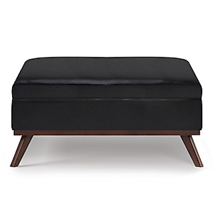 SIMPLIHOME Owen 36 Inch Wide Mid Century Modern Square Coffee Table Lift Top Storage Ottoman in Upholstered Midnight Black Faux Leather, For the Living Room