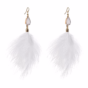Feather Earring for Women - Light Weight Feather Dagle Earring with Crystal, Gift for Sister Lover (white)
